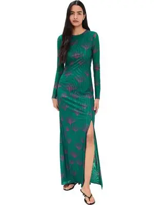 Eywasouls Malibu Scarlet Leaf Print Maxi Dress - Jade Ginkgo