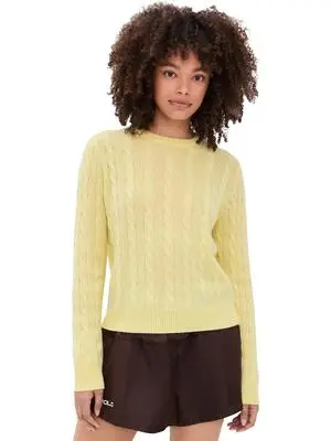 WHITE & WARREN Cashmere Varsity Cable Knit Crewneck - Lemonade