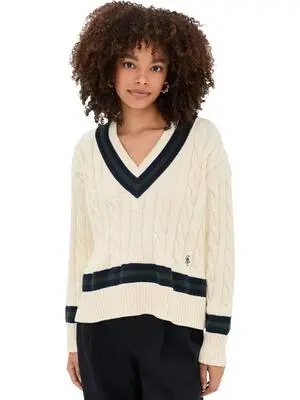 SPORTY & RICH Cable Knit V-neck Pullover - Ecru/dark Navy/forest