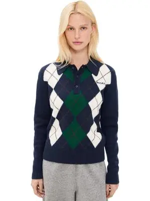 SPORTY & RICH Argyle Cashmere Polo - Dark Navy