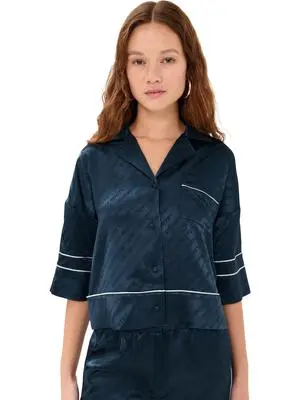 Off-White Jacquard Satin Pajama Shirt - Blue Iris