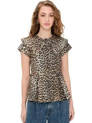 GANNI Printed Stretch Cotton Peter Pan Collar Shirt - Almond Milk