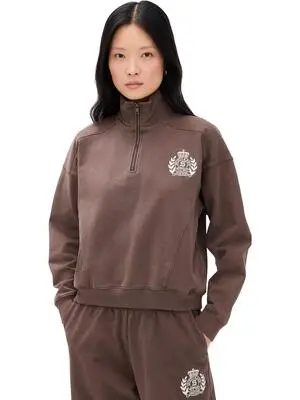 SPORTY & RICH Embroidered Quarter Zip Sweatshirt - Chocolate