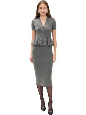 SELF-PORTRAIT Peplum Knit Midi Dress - Grey