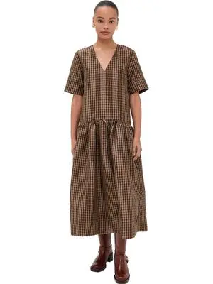 GANNI Crinkled Taffeta Check Long Dress - Tobacco Brown