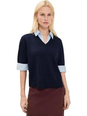 Tanya Taylor Esme Sweater Combo Top - Maritime Blue Melange/oxford