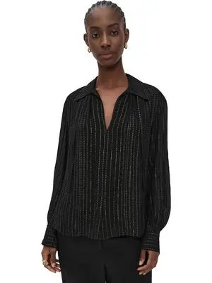 Vince Gathered Metallic Stripe Blouse - Black