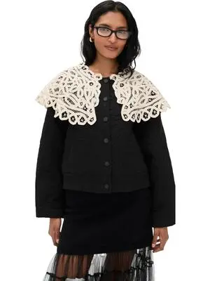Sea Adelina Battenberg Lace Quilted Puffer Jacket - Black