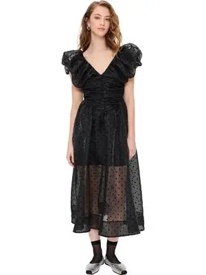 GANNI Flocked Organza Ruched Midi Dress - Black