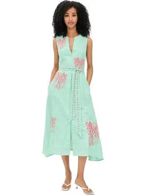 Fanm Mon Lesna Floral-printed Midi Dress - Plaid Green