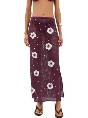 LESLIE AMON Crochet Maxi Skirt With Floral Embellishments - Deep Red/white