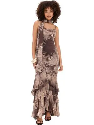 Rococo Sand Palm Print Cowl Maxi Dress With Sash - Brown