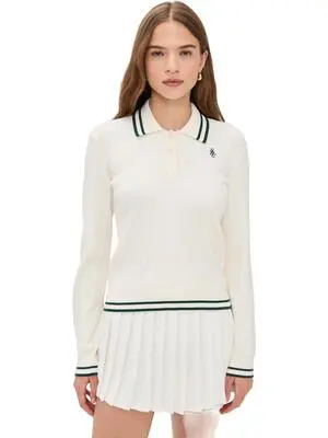 SPORTY & RICH Src Mini Cable Long Sleeve Polo - Ecru/forest