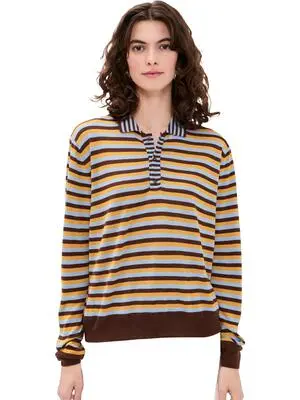 LA LIGNE Multi Stripe Ben Polo Sweater - Chocolate/mustard/light Blue