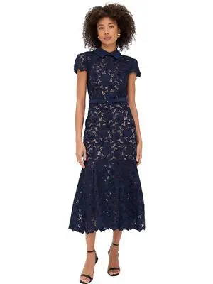 SELF-PORTRAIT Guipure Lace Midi Dress - Navy