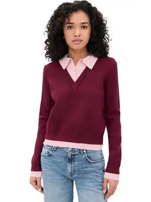 English Factory Contrast Edge Polo Sweater - Burgundy/pink