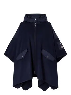 Moncler Hooded Shell-Trimmed Wool-Blend Cape Navy