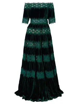 Costarellos Off-the-shoulder Lace And Velvet Gown - Green