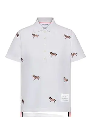 Thom Browne Horse Embroidery Short-sleeve Polo - White