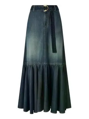 Pinko Belted Ruffled Denim Midi Skirt - Blue
