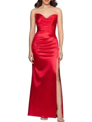 BLONDIE NITES Strapless Ruched Satin Gown - Red