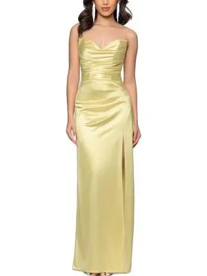 BLONDIE NITES Strapless Ruched Satin Gown - Yellow