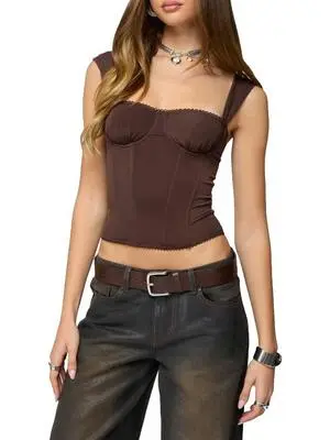 EDIKTED Marcella Mesh Corset Tank - Brown