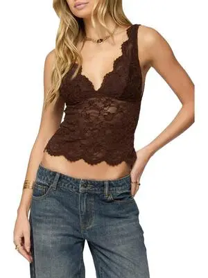 EDIKTED Velvet Lace Crop Top With Open Back - Dark-brown