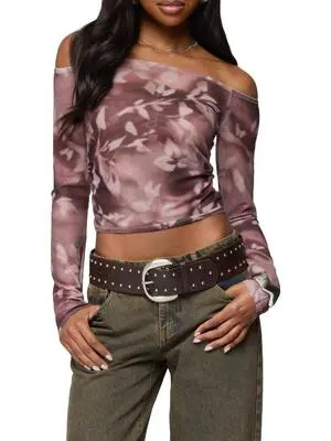 EDIKTED Sheer Mesh Off-the-shoulder Top - Purple