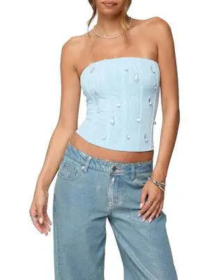EDIKTED Crystal Embellished Mesh Corset Top - Light-blue