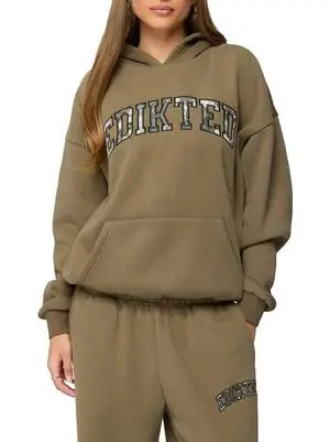 EDIKTED Oversized Fleece Logo Hoodie - Olive
