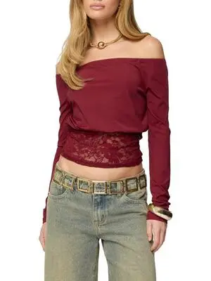 EDIKTED Off-the-shoulder Lace Trim Top - Burgundy