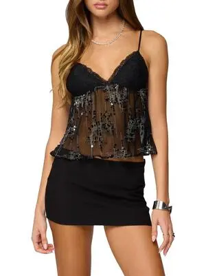 EDIKTED Sequin Sheer Mesh Crop Top - Black