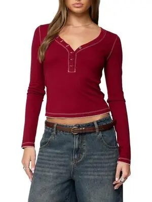 EDIKTED Yael Contrast Stitch Henley - Burgundy