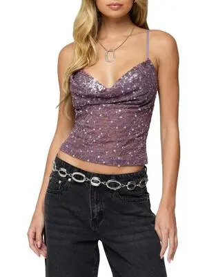 EDIKTED Sequin Layered Cowl Neck Lace Camisole - Purple