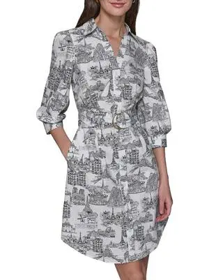 Karl Lagerfeld Landmark Print Cotton Shirt Dress - Soft White Black