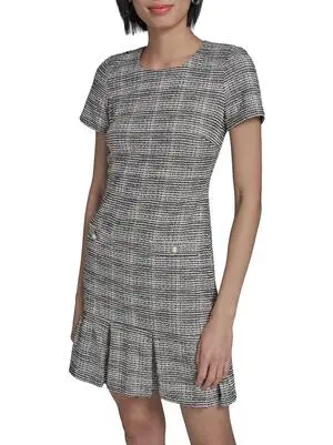 Karl Lagerfeld Pleated Metallic Tweed Mini Dress - Black Soft White