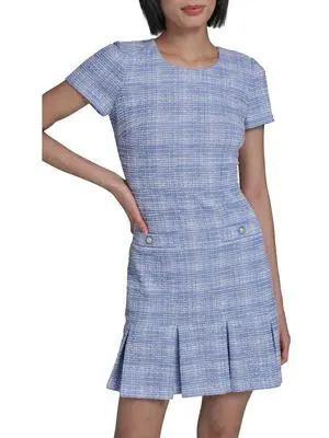 Karl Lagerfeld Pleated Metallic Tweed Mini Dress - French Blue Soft White