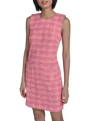 Karl Lagerfeld Metallic Tweed Shift Minidress - Hot Pink Soft White