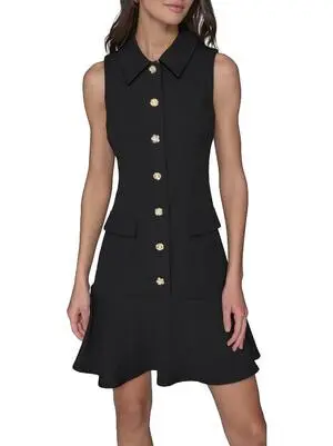 Karl Lagerfeld Floral Button Scuba Crepe Shirtdress - Black