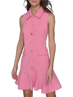 Karl Lagerfeld Floral Button Scuba Crepe Shirtdress - Pink Sherbet