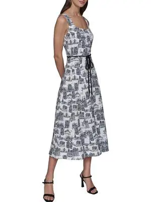 Karl Lagerfeld Landmark Print Sleeveless Dress - Soft White Black Combo