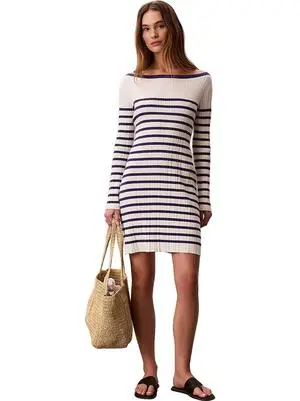 Calvin Klein Stripe Long Sleeve Rib Mini Dress - Steel Beams Stripe