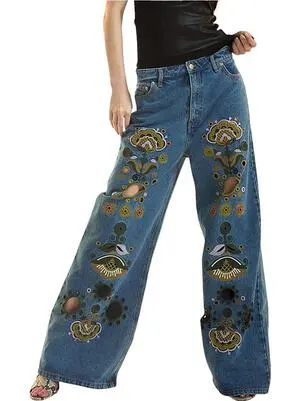 Cynthia Rowley Embroidered Wide Leg Jeans - Blue Multi