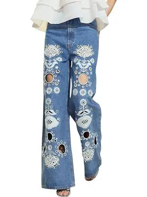 Cynthia Rowley Embroidered Wide Leg Jeans - Blue White