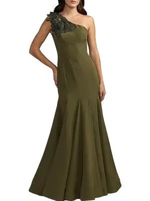 Mac Duggal Mac Duggal Petite One Shoulder Trumpet Gown With Embellished Flower Detail Olive