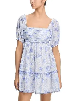 Aqua Floral Toile Puff Sleeve Mini Dress - White/blue