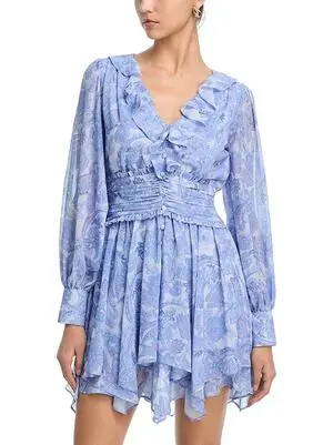 Aqua Paisley Long Sleeve Gathered Mini Dress - Blue Multi