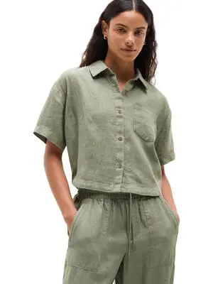 Athleta Retreat Linen Short Sleeve Shirt - Cacti