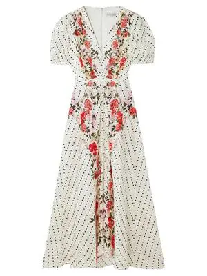 Saloni Lea Polka-dot Floral-print Silk-jacquard Midi Dress - Off-white